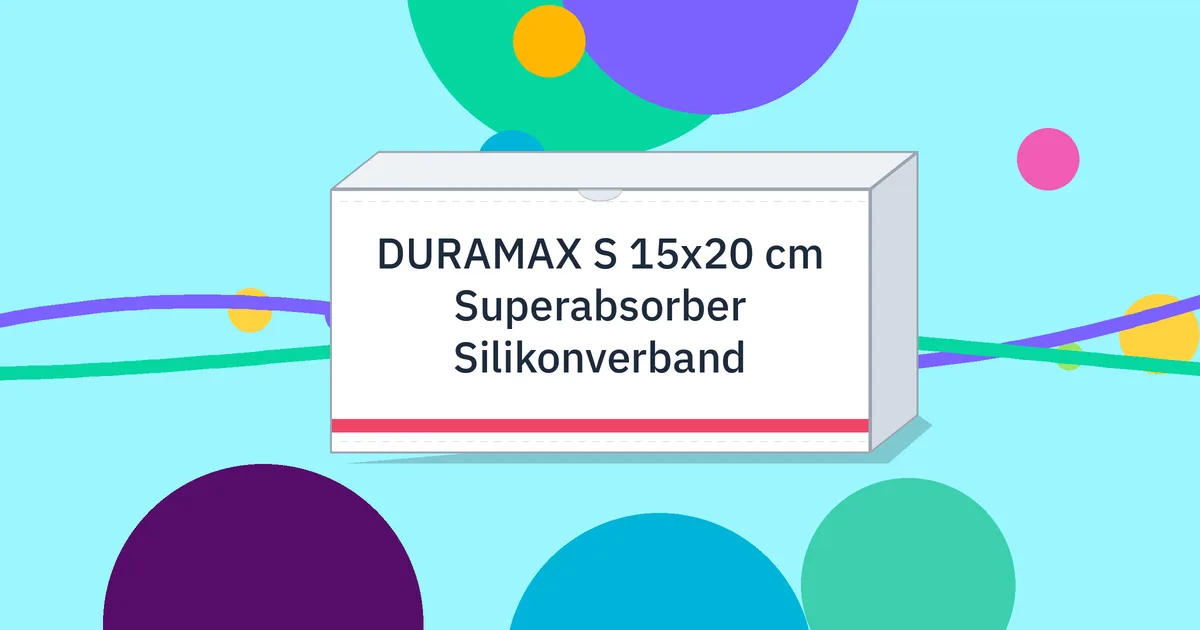 Symbolbild: Packung mit der Aufschrift DURAMAX S 15x20 cm Superabsorber Silikonverband (PZN 19883031) – Verfügbarkeit und Bezug in Apotheken in Frankfurt am Main