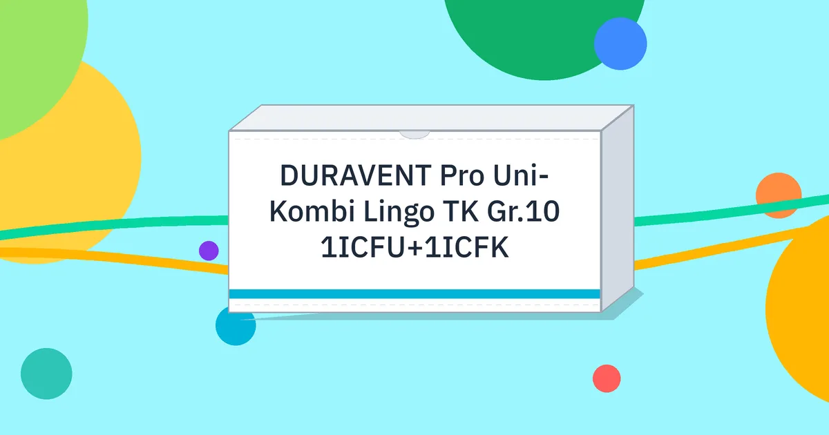 Symbolbild: Packung mit der Aufschrift DURAVENT Pro Uni-Kombi Lingo TK Gr.10 1ICFU+1ICFK (PZN 19242622) – Verfügbarkeit und Bezug in Apotheken in Frankfurt am Main