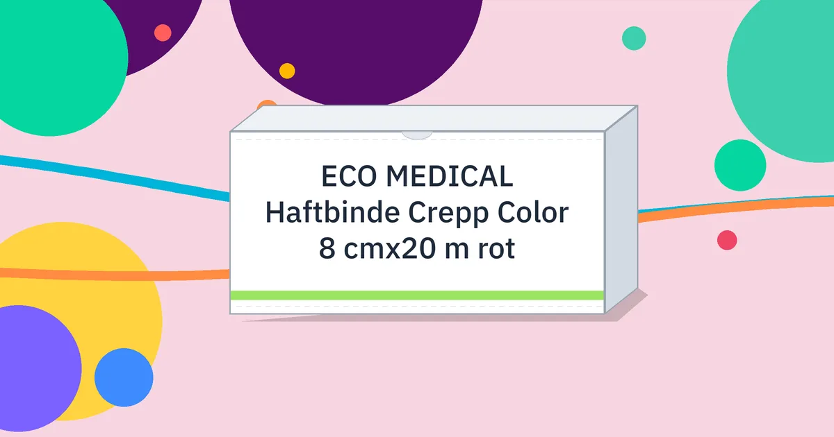 Symbolbild: Packung mit der Aufschrift ECO MEDICAL Haftbinde Crepp Color 8 cmx20 m rot (PZN 00732766) – Verfügbarkeit und Bezug in Apotheken in Frankfurt am Main