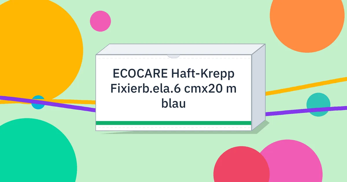 Symbolbild: Packung mit der Aufschrift ECOCARE Haft-Krepp Fixierb.ela.6 cmx20 m blau (PZN 11518875) – Verfügbarkeit und Bezug in Apotheken in Frankfurt am Main