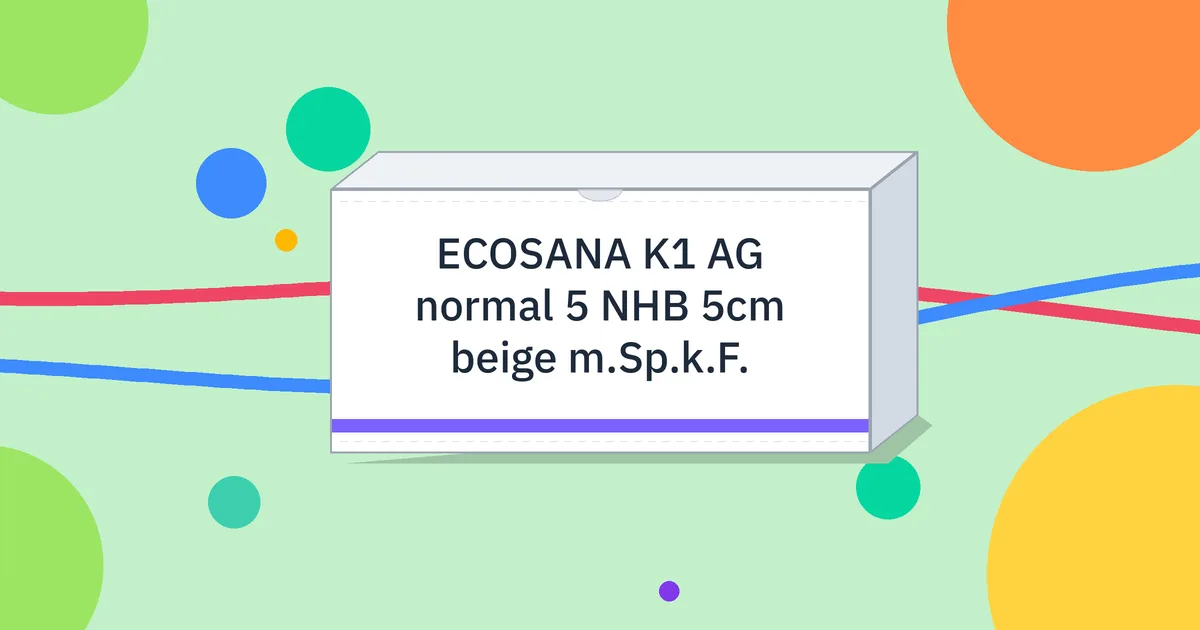 Symbolbild: Packung mit der Aufschrift ECOSANA K1 AG normal 5 NHB 5cm beige m.Sp.k.F. (PZN 04729028) – Verfügbarkeit und Bezug in Apotheken in Frankfurt am Main