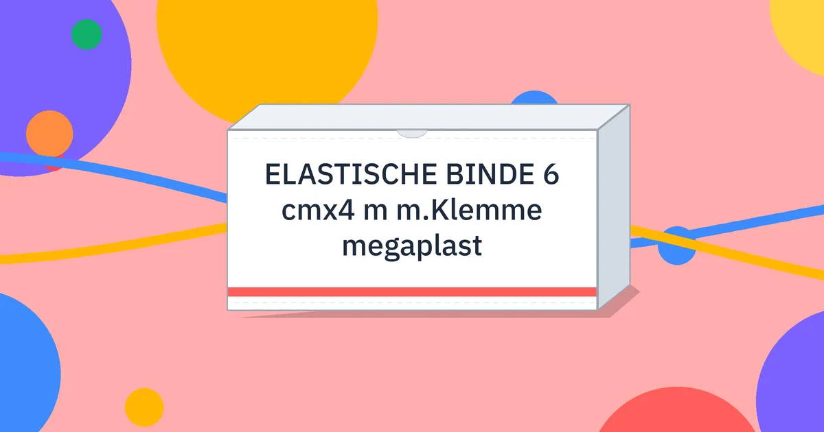 Symbolbild: Packung mit der Aufschrift ELASTISCHE BINDE 6 cmx4 m m.Klemme megaplast (PZN 16500584) – Verfügbarkeit und Bezug in Apotheken in Frankfurt am Main
