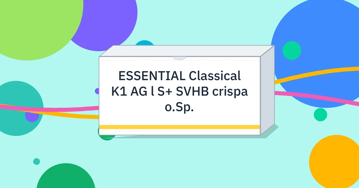Symbolbild: Packung mit der Aufschrift ESSENTIAL Classical K1 AG l S+ SVHB crispa o.Sp. (PZN 18420286) – Verfügbarkeit und Bezug in Apotheken in Frankfurt am Main