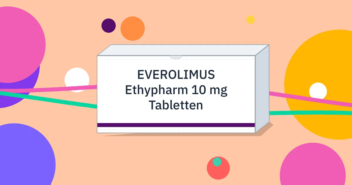 Symbolbild: Packung mit der Aufschrift EVEROLIMUS Ethypharm 10 mg Tabletten (PZN 17947146) – Verfügbarkeit und Bezug in Apotheken in Frankfurt am Main