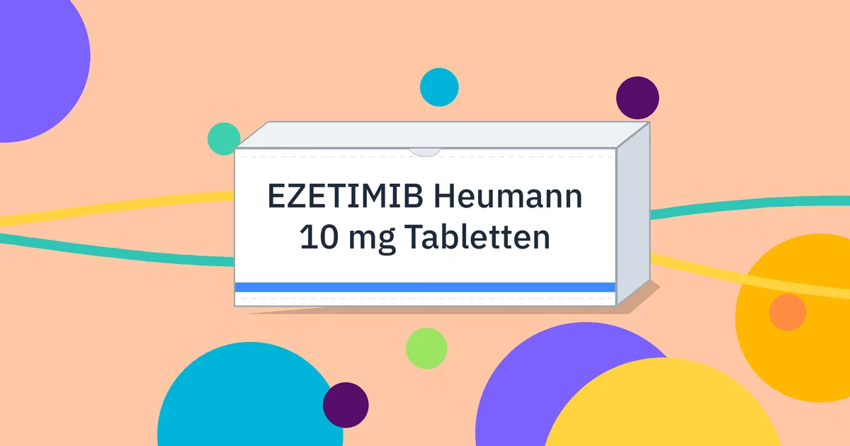Symbolbild: Packung mit der Aufschrift EZETIMIB Heumann 10 mg Tabletten (PZN 13706575) – Verfügbarkeit und Bezug in Apotheken in Frankfurt am Main