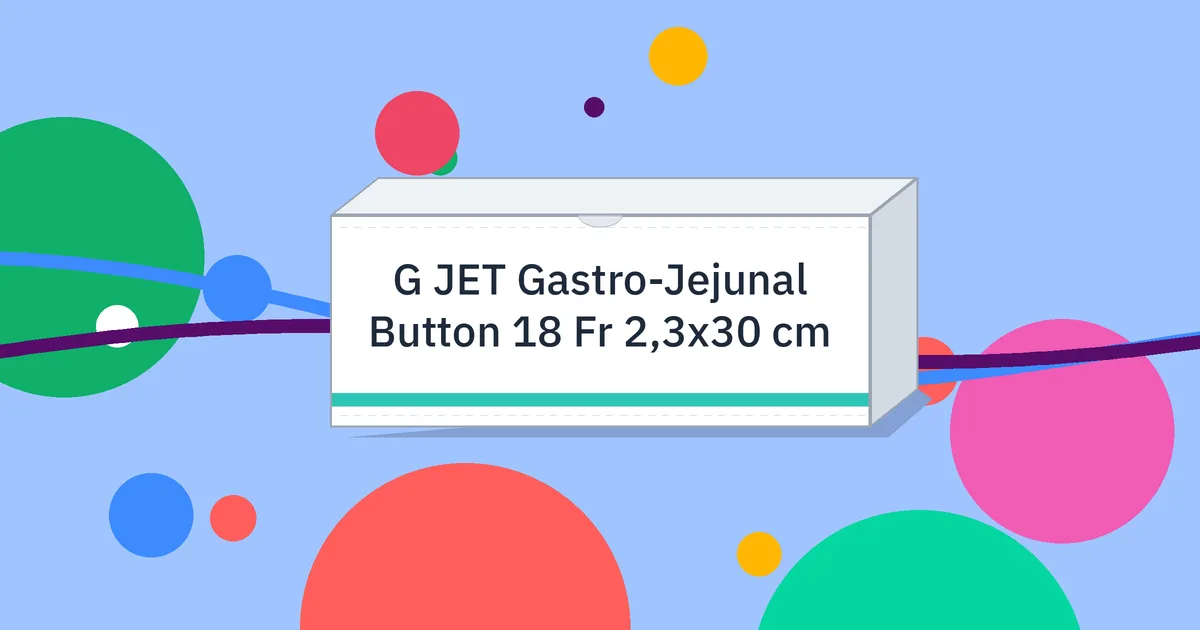 Symbolbild: Packung mit der Aufschrift G JET Gastro-Jejunal Button 18 Fr 2,3x30 cm (PZN 14343471) – Verfügbarkeit und Bezug in Apotheken in Frankfurt am Main