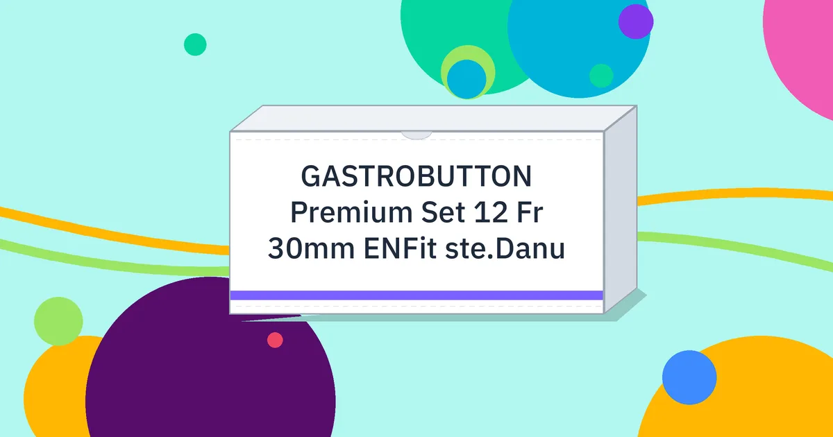 Symbolbild: Packung mit der Aufschrift GASTROBUTTON Premium Set 12 Fr 30mm ENFit ste.Danu (PZN 16883326) – Verfügbarkeit und Bezug in Apotheken in Frankfurt am Main