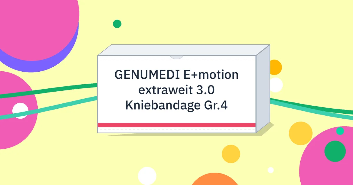 Symbolbild: Packung mit der Aufschrift GENUMEDI E+motion extraweit 3.0 Kniebandage Gr.4 (PZN 19369854) – Verfügbarkeit und Bezug in Apotheken in Frankfurt am Main