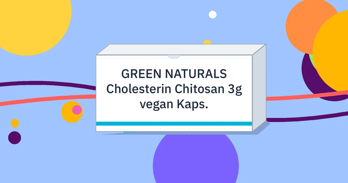 Symbolbild: Packung mit der Aufschrift GREEN NATURALS Cholesterin Chitosan 3g vegan Kaps. (PZN 20189821) – Verfügbarkeit und Bezug in Apotheken in Frankfurt am Main