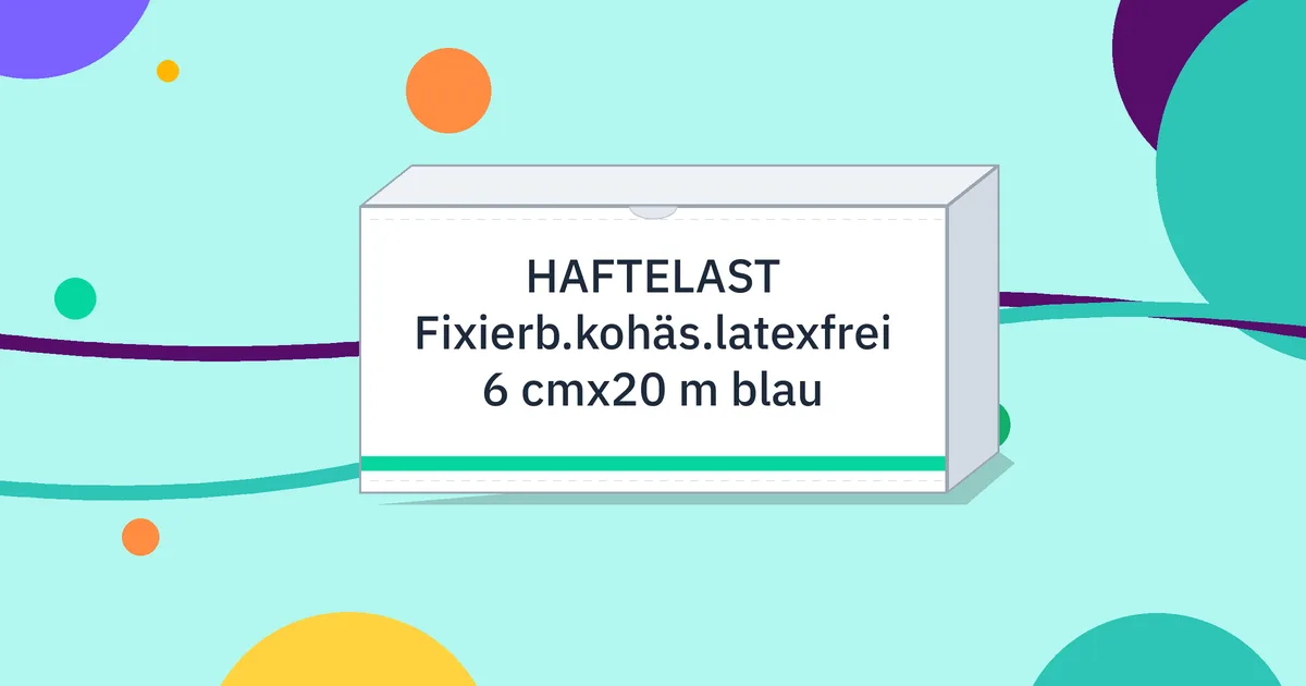 Symbolbild: Packung mit der Aufschrift HAFTELAST Fixierb.kohäs.latexfrei 6 cmx20 m blau (PZN 08817315) – Verfügbarkeit und Bezug in Apotheken in Frankfurt am Main