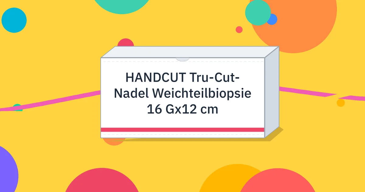 Symbolbild: Packung mit der Aufschrift HANDCUT Tru-Cut-Nadel Weichteilbiopsie 16 Gx12 cm (PZN 19736407) – Verfügbarkeit und Bezug in Apotheken in Frankfurt am Main