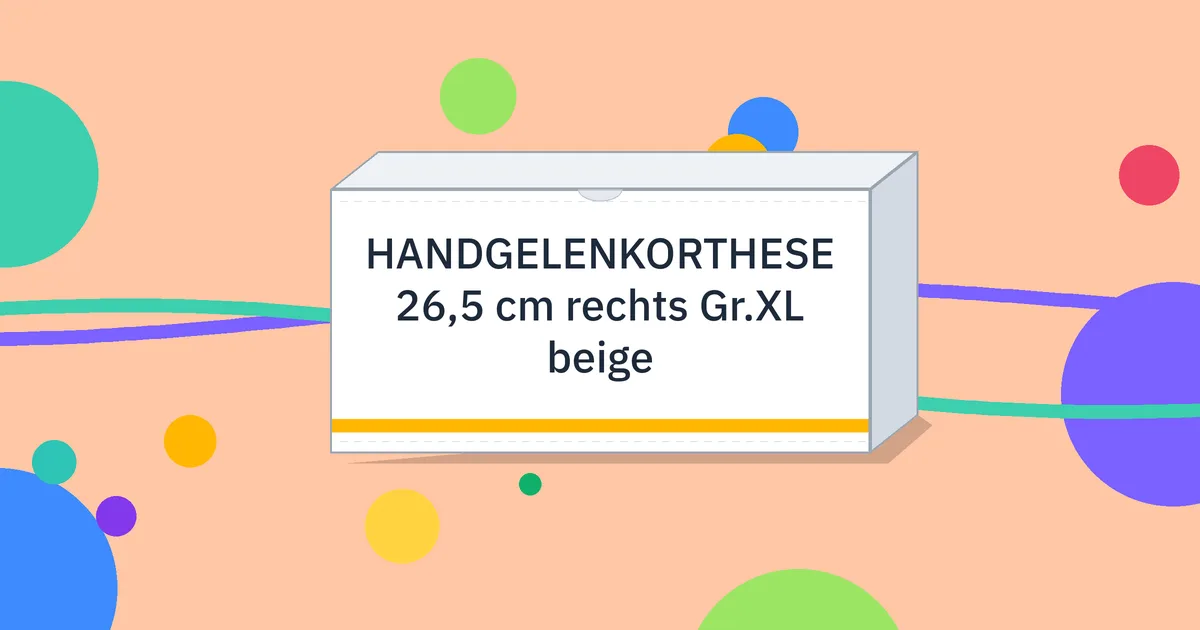 Symbolbild: Packung mit der Aufschrift HANDGELENKORTHESE 26,5 cm rechts Gr.XL beige (PZN 03388542) – Verfügbarkeit und Bezug in Apotheken in Frankfurt am Main