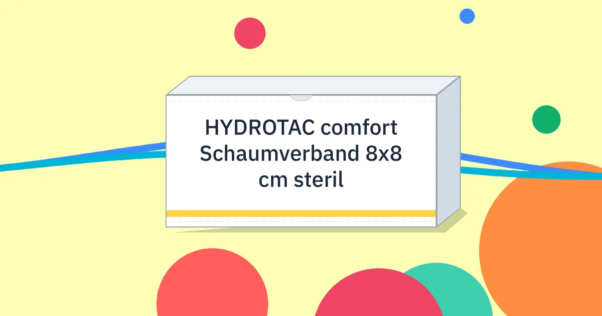 Symbolbild: Packung mit der Aufschrift HYDROTAC comfort Schaumverband 8x8 cm steril (PZN 16596348) – Verfügbarkeit und Bezug in Apotheken in Frankfurt am Main