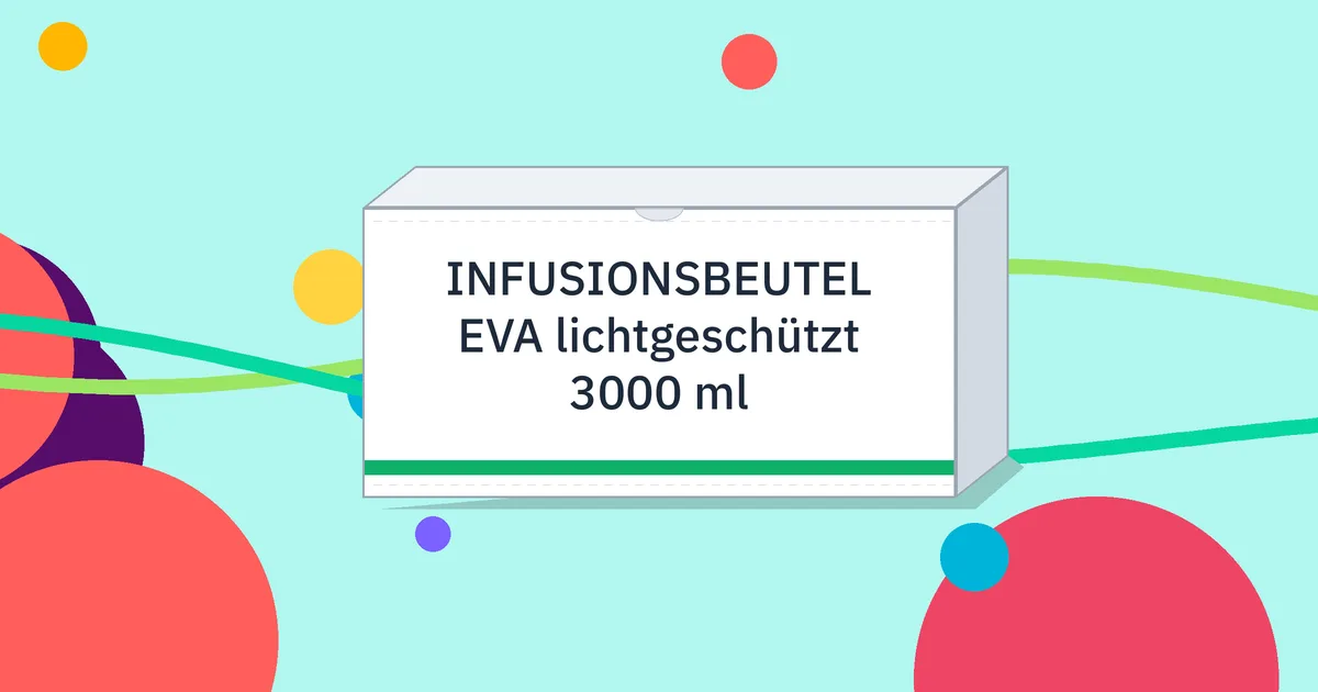 Symbolbild: Packung mit der Aufschrift INFUSIONSBEUTEL EVA lichtgeschützt 3000 ml (PZN 19995681) – Verfügbarkeit und Bezug in Apotheken in Frankfurt am Main