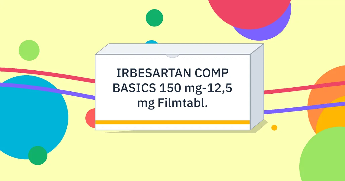 Symbolbild: Packung mit der Aufschrift IRBESARTAN COMP BASICS 150 mg-12,5 mg Filmtabl. (PZN 02460059) – Verfügbarkeit und Bezug in Apotheken in Frankfurt am Main