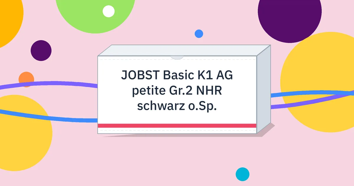 Symbolbild: Packung mit der Aufschrift JOBST Basic K1 AG petite Gr.2 NHR schwarz o.Sp. (PZN 15309482) – Verfügbarkeit und Bezug in Apotheken in Frankfurt am Main