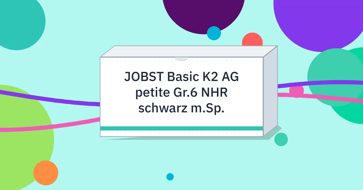 Symbolbild: Packung mit der Aufschrift JOBST Basic K2 AG petite Gr.6 NHR schwarz m.Sp. (PZN 15311384) – Verfügbarkeit und Bezug in Apotheken in Frankfurt am Main