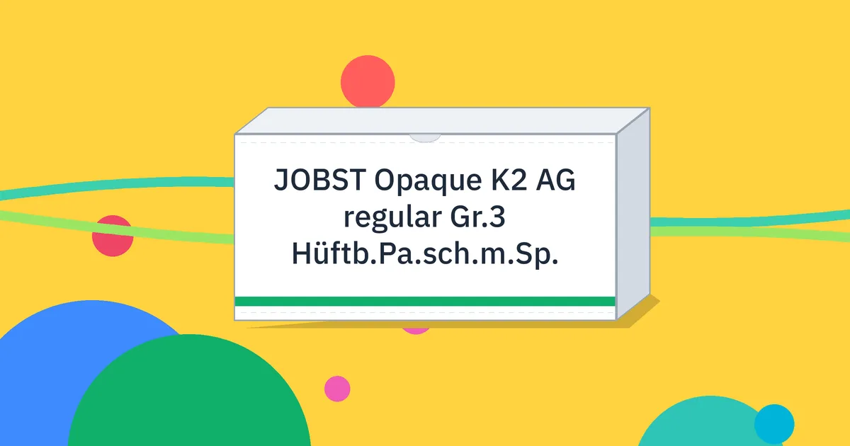 Symbolbild: Packung mit der Aufschrift JOBST Opaque K2 AG regular Gr.3 Hüftb.Pa.sch.m.Sp. (PZN 13116661) – Verfügbarkeit und Bezug in Apotheken in Frankfurt am Main
