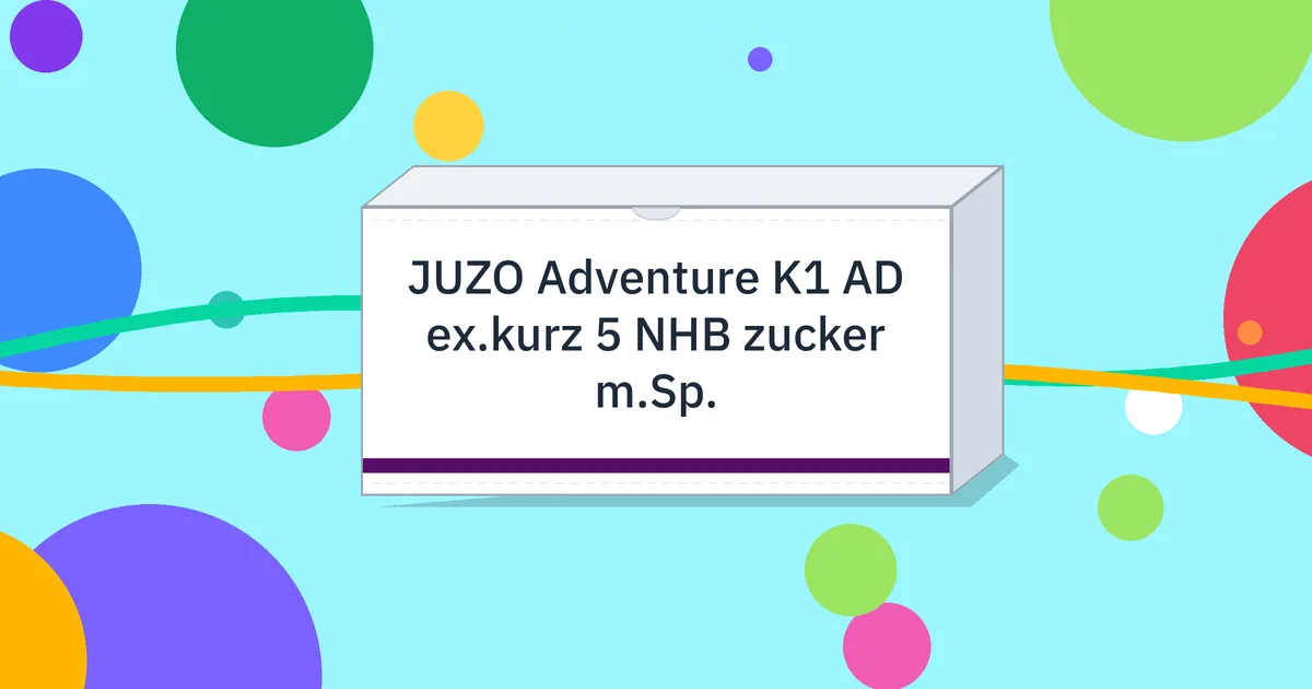 Symbolbild: Packung mit der Aufschrift JUZO Adventure K1 AD ex.kurz 5 NHB zucker m.Sp. (PZN 16344121) – Verfügbarkeit und Bezug in Apotheken in Frankfurt am Main