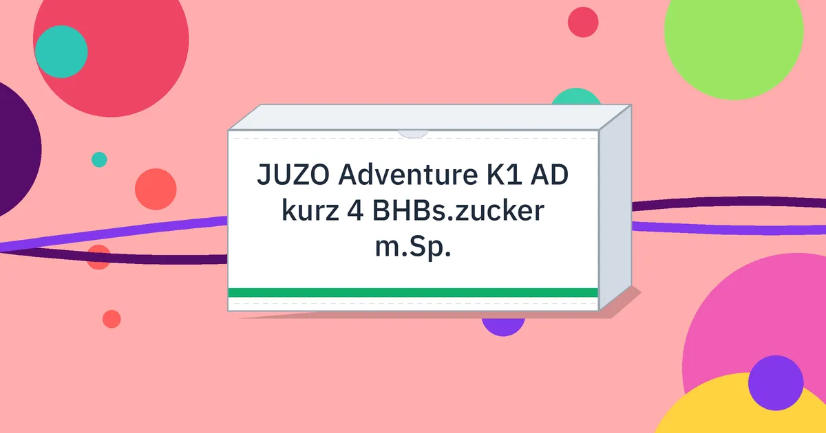 Symbolbild: Packung mit der Aufschrift JUZO Adventure K1 AD kurz 4 BHBs.zucker m.Sp. (PZN 16343015) – Verfügbarkeit und Bezug in Apotheken in Frankfurt am Main