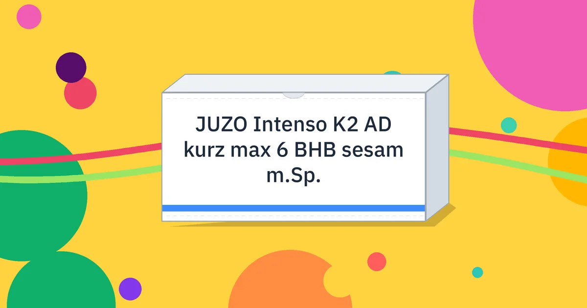 Symbolbild: Packung mit der Aufschrift JUZO Intenso K2 AD kurz max 6 BHB sesam m.Sp. (PZN 18615713) – Verfügbarkeit und Bezug in Apotheken in Frankfurt am Main