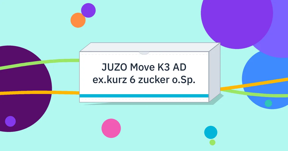 Symbolbild: Packung mit der Aufschrift JUZO Move K3 AD ex.kurz 6 zucker o.Sp. (PZN 18569870) – Verfügbarkeit und Bezug in Apotheken in Frankfurt am Main
