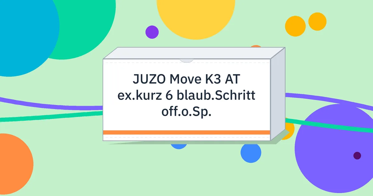 Symbolbild: Packung mit der Aufschrift JUZO Move K3 AT ex.kurz 6 blaub.Schritt off.o.Sp. (PZN 20682177) – Verfügbarkeit und Bezug in Apotheken in Frankfurt am Main