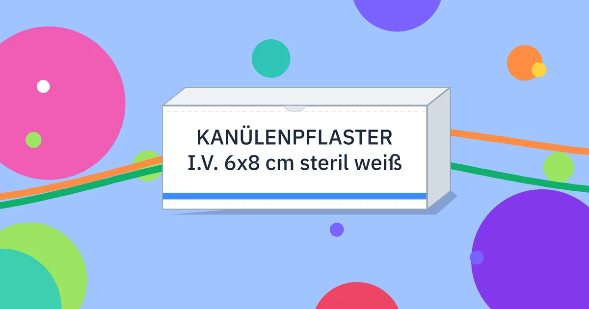 Symbolbild: Packung mit der Aufschrift KANÜLENPFLASTER I.V. 6x8 cm steril weiß (PZN 20001912) – Verfügbarkeit und Bezug in Apotheken in Frankfurt am Main