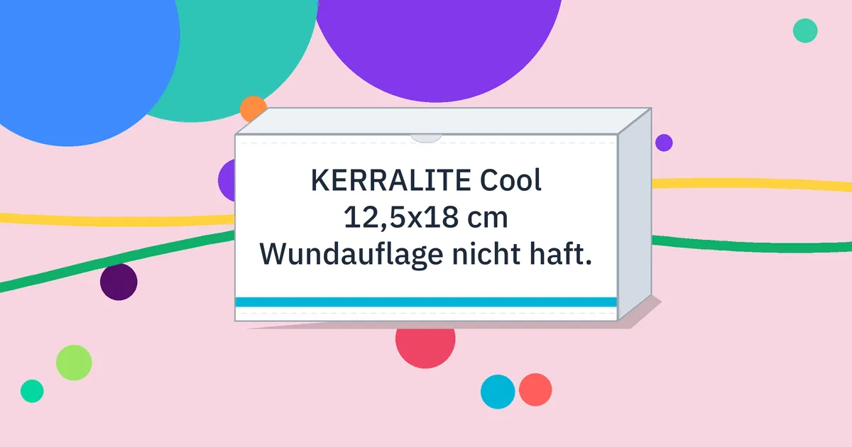 Symbolbild: Packung mit der Aufschrift KERRALITE Cool 12,5x18 cm Wundauflage nicht haft. (PZN 11140477) – Verfügbarkeit und Bezug in Apotheken in Frankfurt am Main