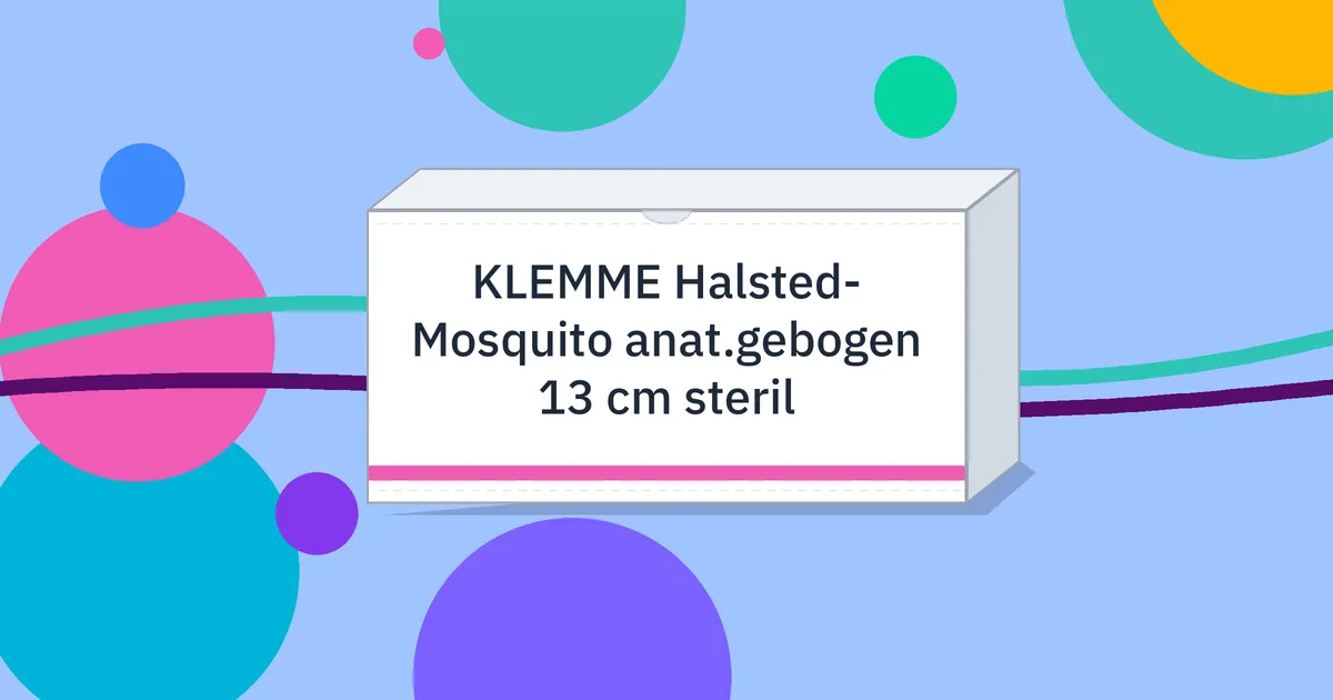 Symbolbild: Packung mit der Aufschrift KLEMME Halsted-Mosquito anat.gebogen 13 cm steril (PZN 17248431) – Verfügbarkeit und Bezug in Apotheken in Frankfurt am Main