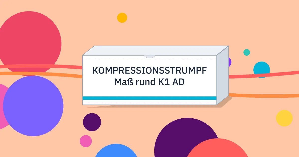 Symbolbild: Packung mit der Aufschrift KOMPRESSIONSSTRUMPF Maß rund K1 AD (PZN 04772923) – Verfügbarkeit und Bezug in Apotheken in Frankfurt am Main