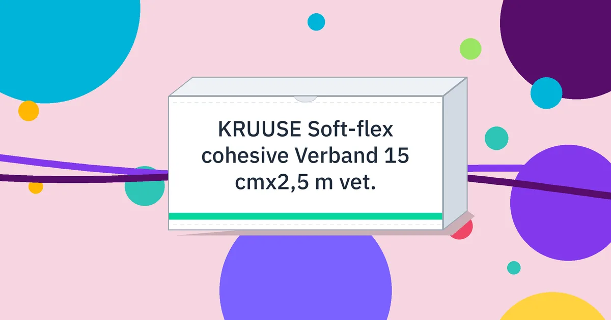Symbolbild: Packung mit der Aufschrift KRUUSE Soft-flex cohesive Verband 15 cmx2,5 m vet. (PZN 18443637) – Verfügbarkeit und Bezug in Apotheken in Frankfurt am Main