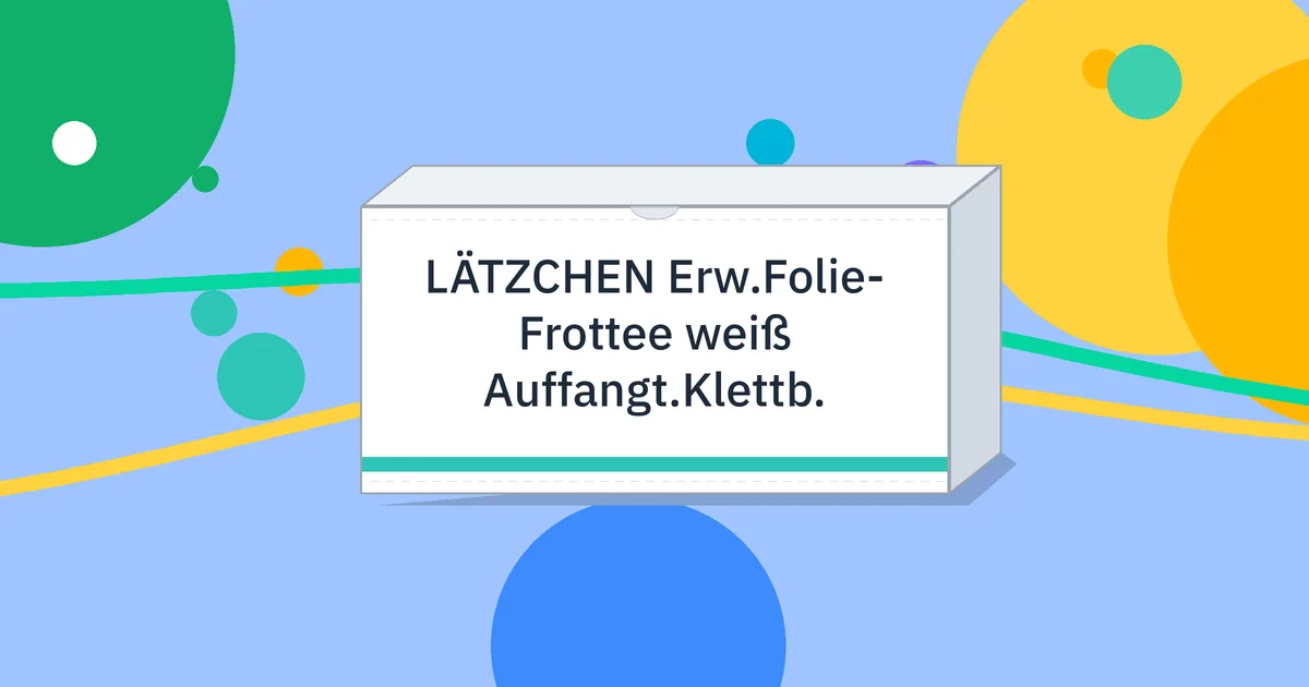 Symbolbild: Packung mit der Aufschrift LÄTZCHEN Erw.Folie-Frottee weiß Auffangt.Klettb. (PZN 03097721) – Verfügbarkeit und Bezug in Apotheken in Frankfurt am Main