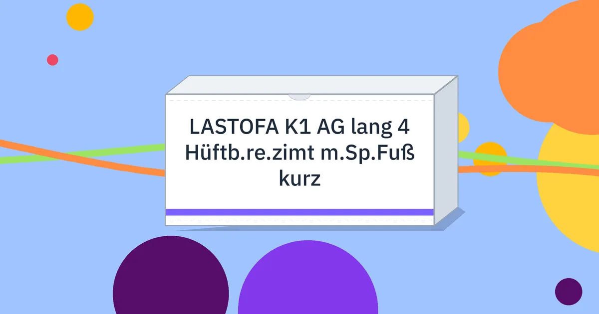 Symbolbild: Packung mit der Aufschrift LASTOFA K1 AG lang 4 Hüftb.re.zimt m.Sp.Fuß kurz (PZN 13798330) – Verfügbarkeit und Bezug in Apotheken in Frankfurt am Main