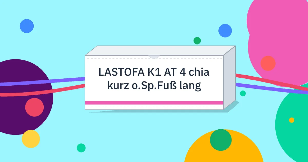 Symbolbild: Packung mit der Aufschrift LASTOFA K1 AT 4 chia kurz o.Sp.Fuß lang (PZN 14150973) – Verfügbarkeit und Bezug in Apotheken in Frankfurt am Main