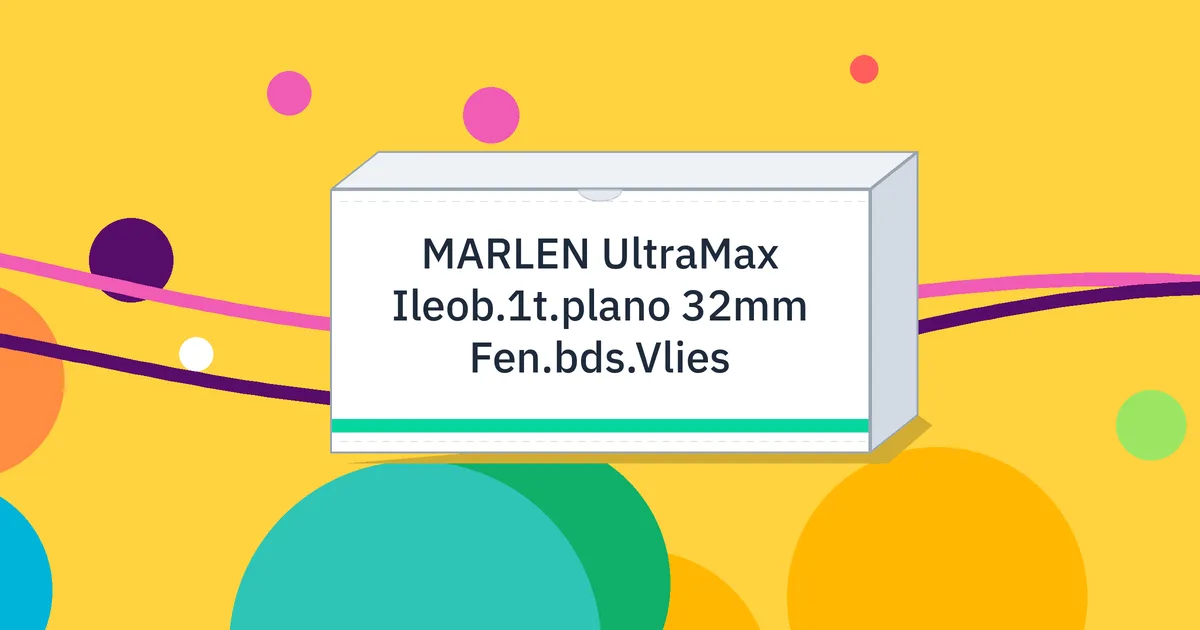 Symbolbild: Packung mit der Aufschrift MARLEN UltraMax Ileob.1t.plano 32mm Fen.bds.Vlies (PZN 00625473) – Verfügbarkeit und Bezug in Apotheken in Frankfurt am Main