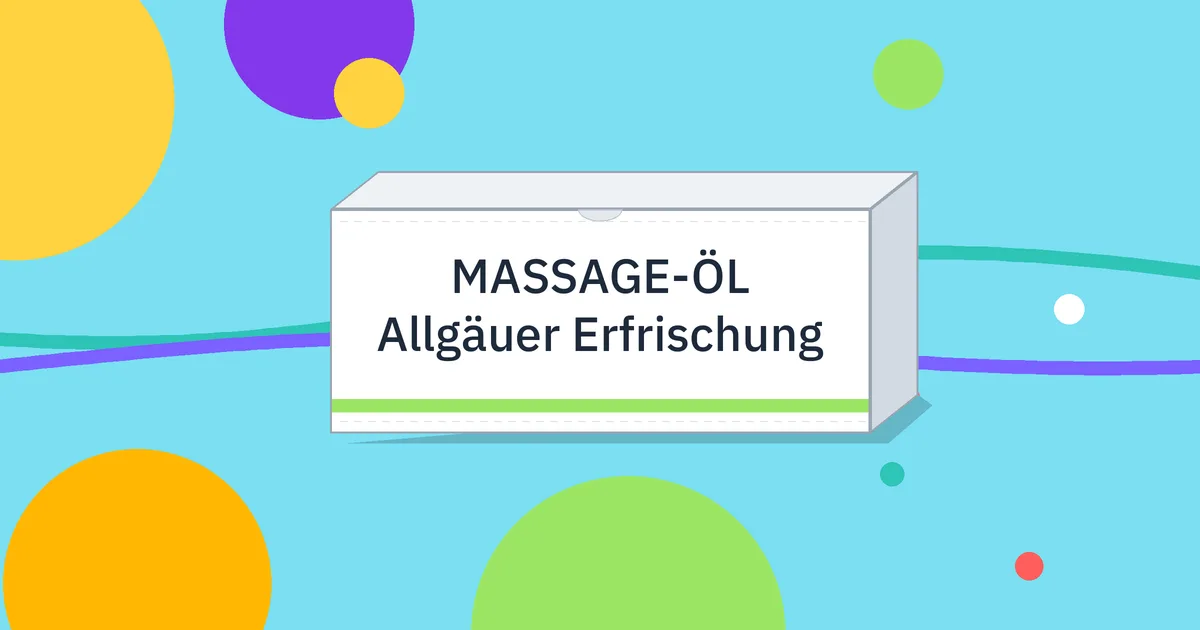 Symbolbild: Packung mit der Aufschrift MASSAGE-ÖL Allgäuer Erfrischung (PZN 16898374) – Verfügbarkeit und Bezug in Apotheken in Frankfurt am Main