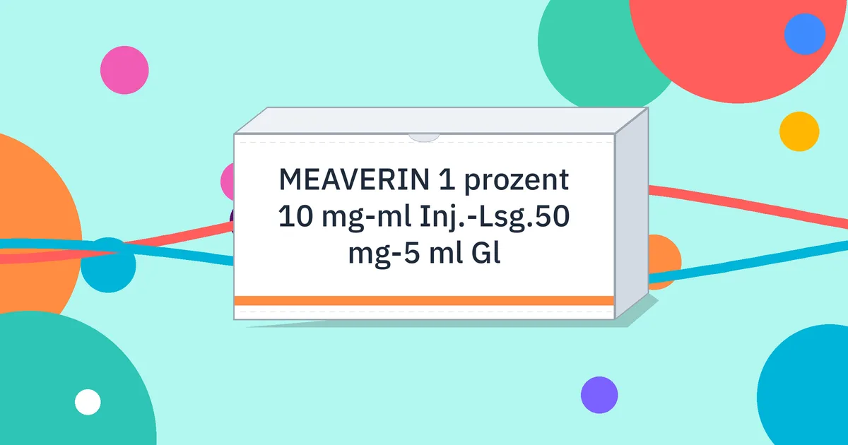 Symbolbild: Packung mit der Aufschrift MEAVERIN 1 prozent 10 mg-ml Inj.-Lsg.50 mg-5 ml Gl (PZN 11101388) – Verfügbarkeit und Bezug in Apotheken in Frankfurt am Main