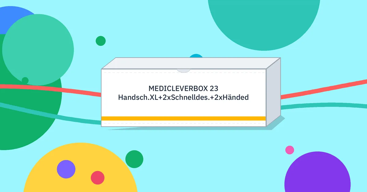 Symbolbild: Packung mit der Aufschrift MEDICLEVERBOX 23 Handsch.XL+2xSchnelldes.+2xHänded (PZN 19112575) – Verfügbarkeit und Bezug in Apotheken in Frankfurt am Main