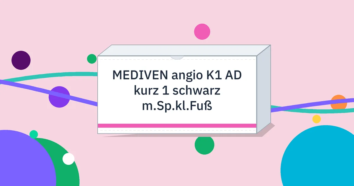 Symbolbild: Packung mit der Aufschrift MEDIVEN angio K1 AD kurz 1 schwarz m.Sp.kl.Fuß (PZN 17210411) – Verfügbarkeit und Bezug in Apotheken in Frankfurt am Main