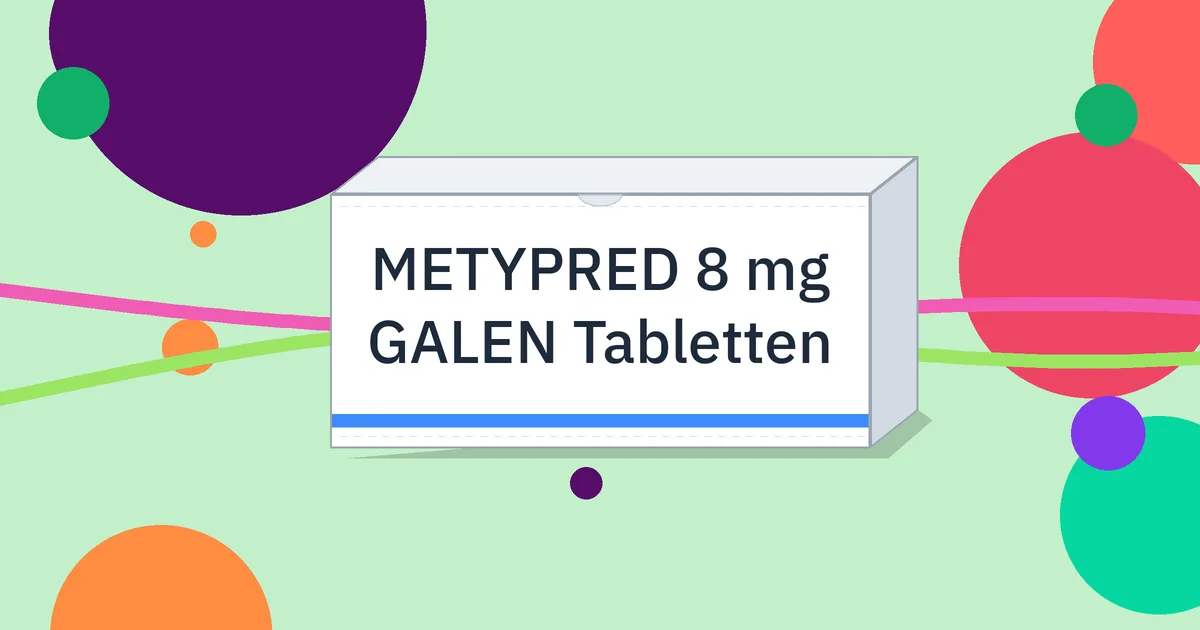 Symbolbild: Packung mit der Aufschrift METYPRED 8 mg GALEN Tabletten (PZN 01484425) – Verfügbarkeit und Bezug in Apotheken in Frankfurt am Main