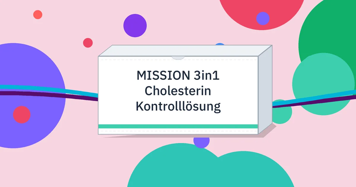Symbolbild: Packung mit der Aufschrift MISSION 3in1 Cholesterin Kontrolllösung (PZN 16513339) – Verfügbarkeit und Bezug in Apotheken in Frankfurt am Main