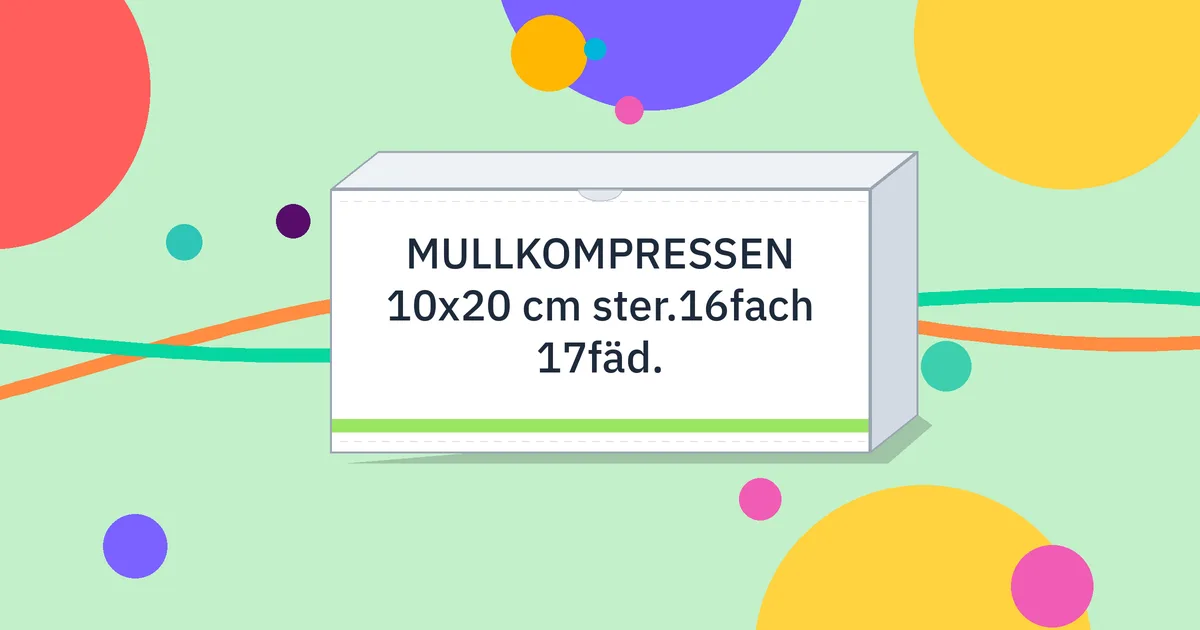 Symbolbild: Packung mit der Aufschrift MULLKOMPRESSEN 10x20 cm ster.16fach 17fäd. (PZN 06931656) – Verfügbarkeit und Bezug in Apotheken in Frankfurt am Main