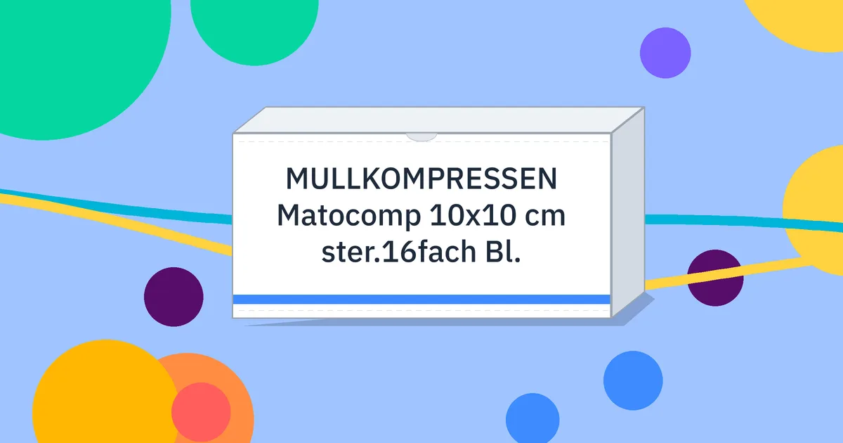 Symbolbild: Packung mit der Aufschrift MULLKOMPRESSEN Matocomp 10x10 cm ster.16fach Bl. (PZN 03378035) – Verfügbarkeit und Bezug in Apotheken in Frankfurt am Main