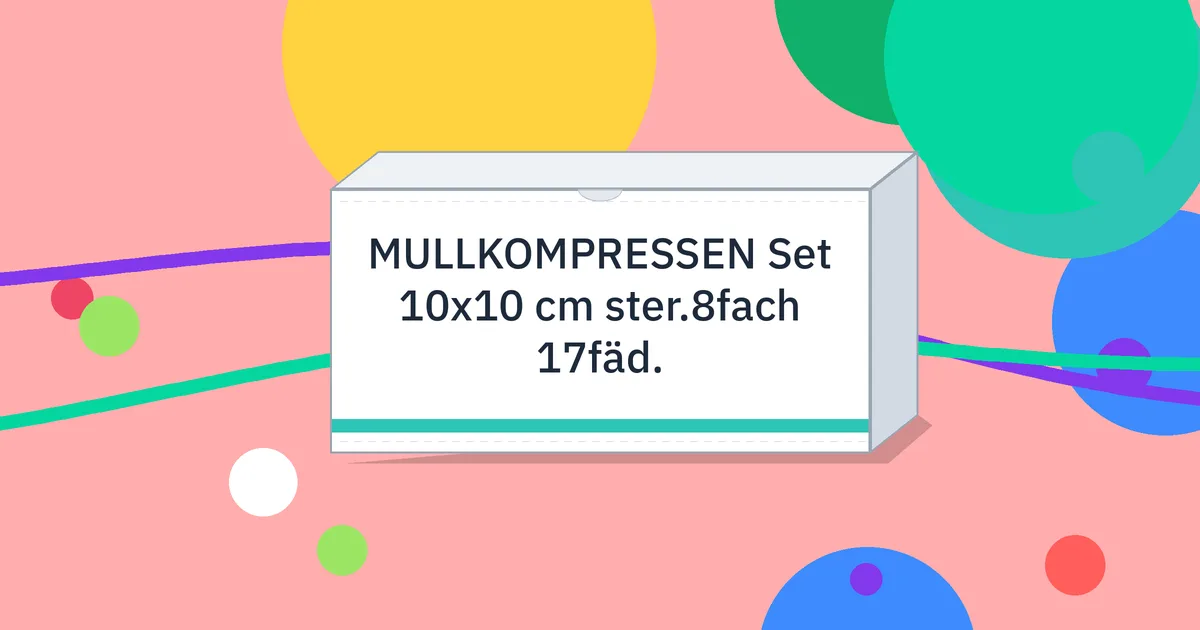 Symbolbild: Packung mit der Aufschrift MULLKOMPRESSEN Set 10x10 cm ster.8fach 17fäd. (PZN 06929530) – Verfügbarkeit und Bezug in Apotheken in Frankfurt am Main