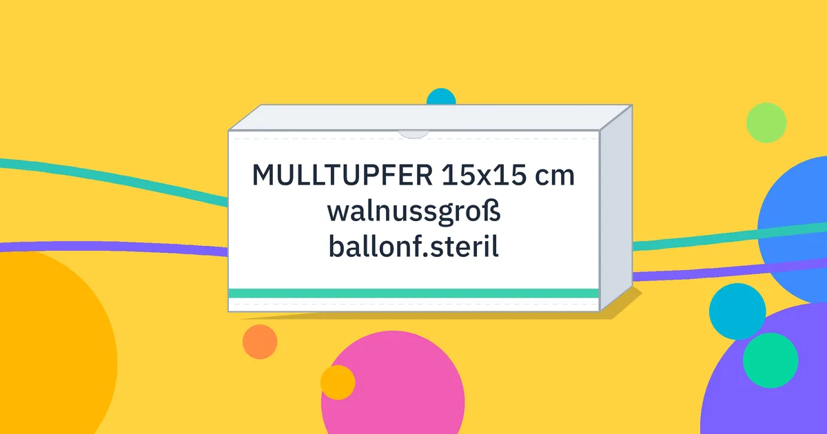 Symbolbild: Packung mit der Aufschrift MULLTUPFER 15x15 cm walnussgroß ballonf.steril (PZN 14266925) – Verfügbarkeit und Bezug in Apotheken in Frankfurt am Main