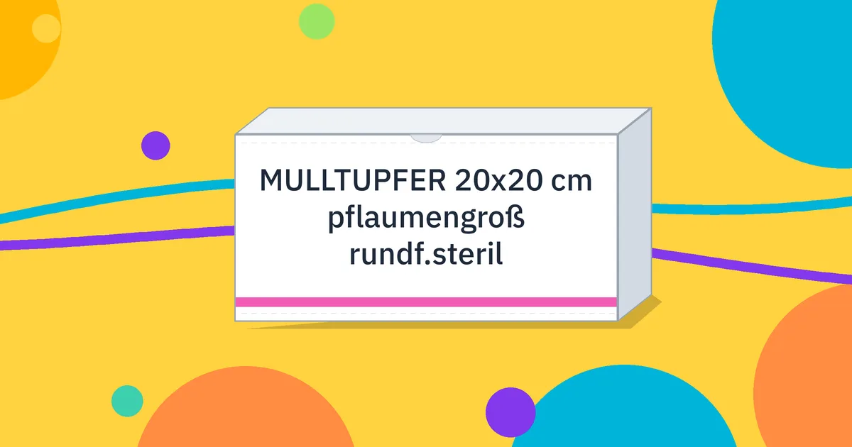 Symbolbild: Packung mit der Aufschrift MULLTUPFER 20x20 cm pflaumengroß rundf.steril (PZN 01364129) – Verfügbarkeit und Bezug in Apotheken in Frankfurt am Main