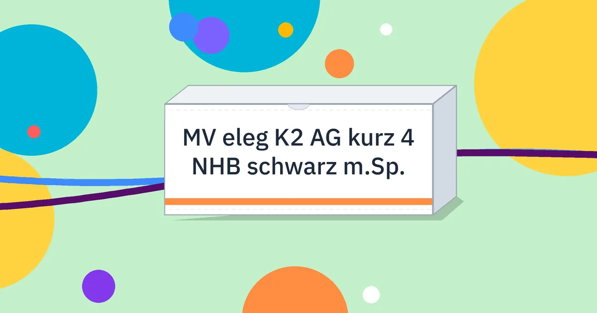 Symbolbild: Packung mit der Aufschrift MV eleg K2 AG kurz 4 NHB schwarz m.Sp. (PZN 15717353) – Verfügbarkeit und Bezug in Apotheken in Frankfurt am Main