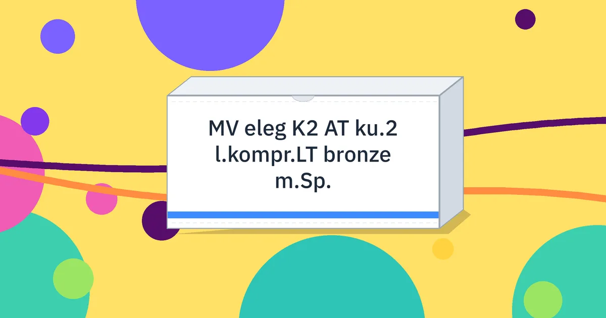 Symbolbild: Packung mit der Aufschrift MV eleg K2 AT ku.2 l.kompr.LT bronze m.Sp. (PZN 15287409) – Verfügbarkeit und Bezug in Apotheken in Frankfurt am Main