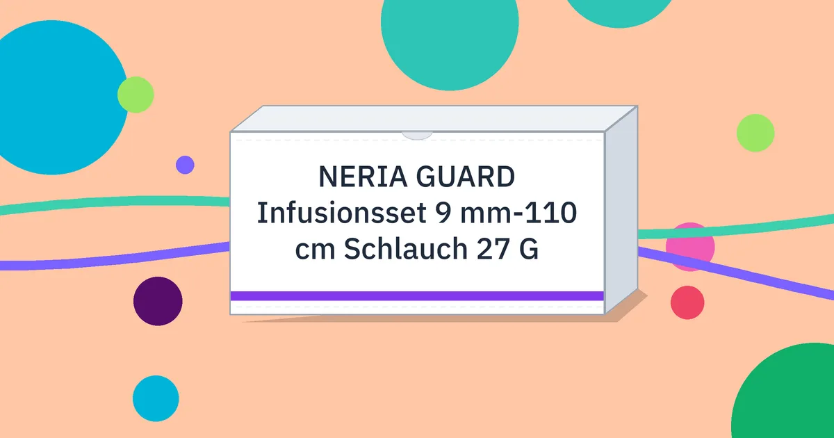 Symbolbild: Packung mit der Aufschrift NERIA GUARD Infusionsset 9 mm-110 cm Schlauch 27 G (PZN 19365075) – Verfügbarkeit und Bezug in Apotheken in Frankfurt am Main